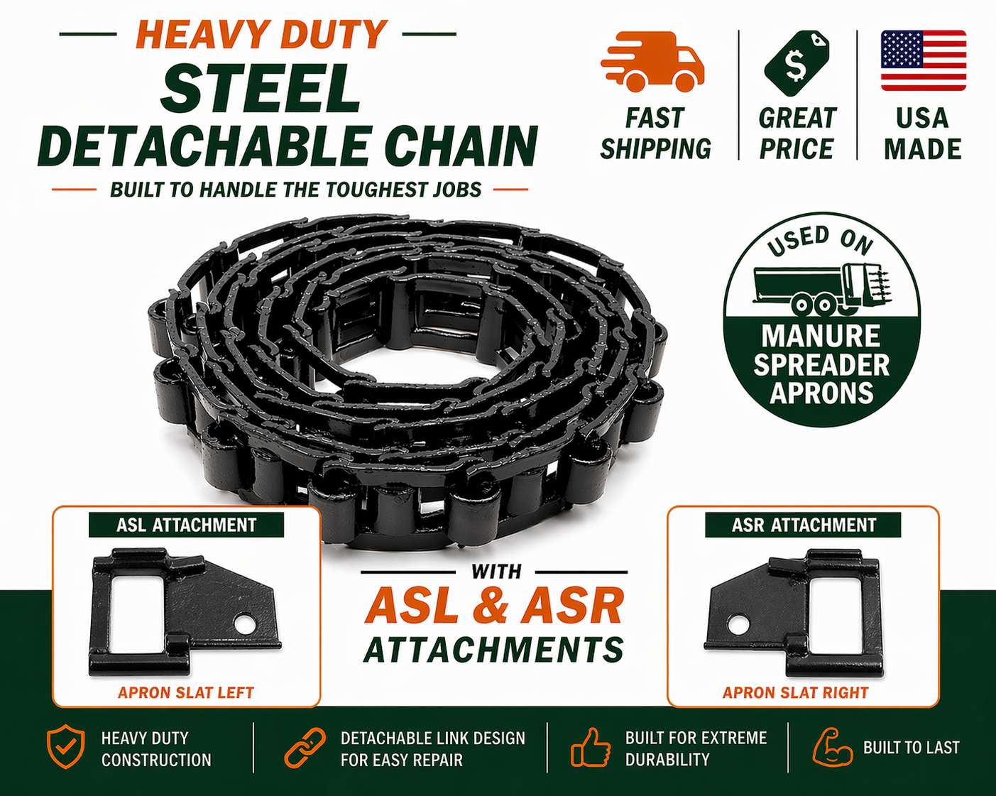 67H Steel Detachable Chain USA Made 10' Coil Manure Spreader ...
